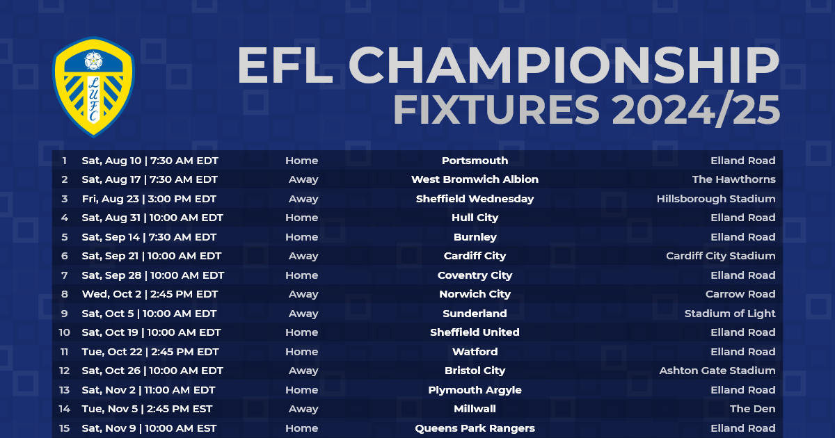 Download EFL Championship 2024/25 Fixtures for Leeds United | Soccer ...