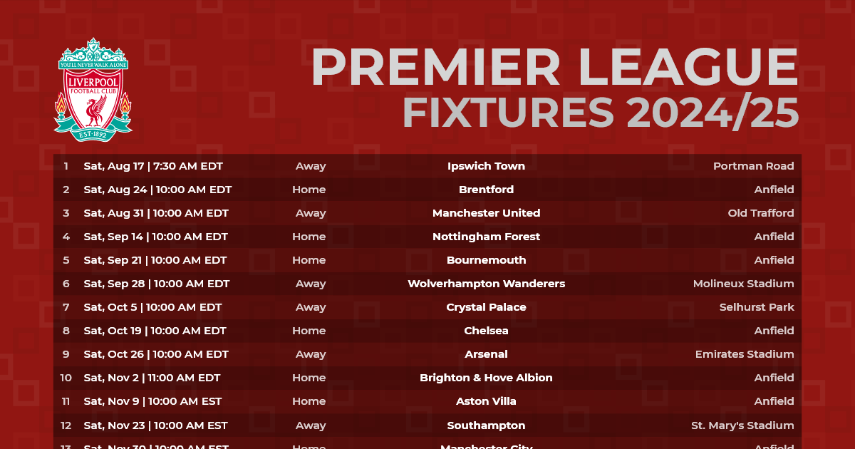 Download Premier League 2024/25 Fixtures for Liverpool | Soccer-Fixtures