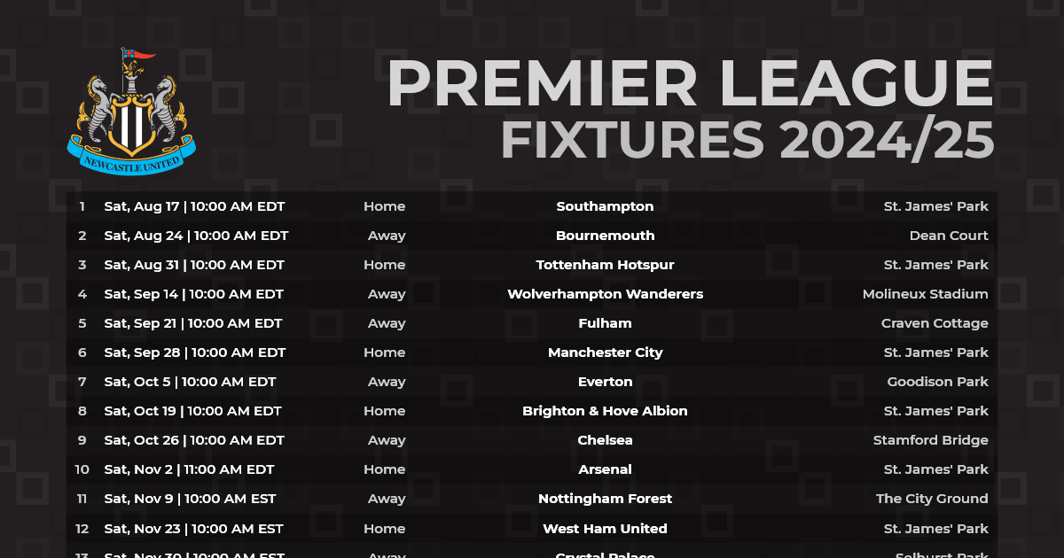 Download Premier League 2024/25 Fixtures for Newcastle United | Soccer ...