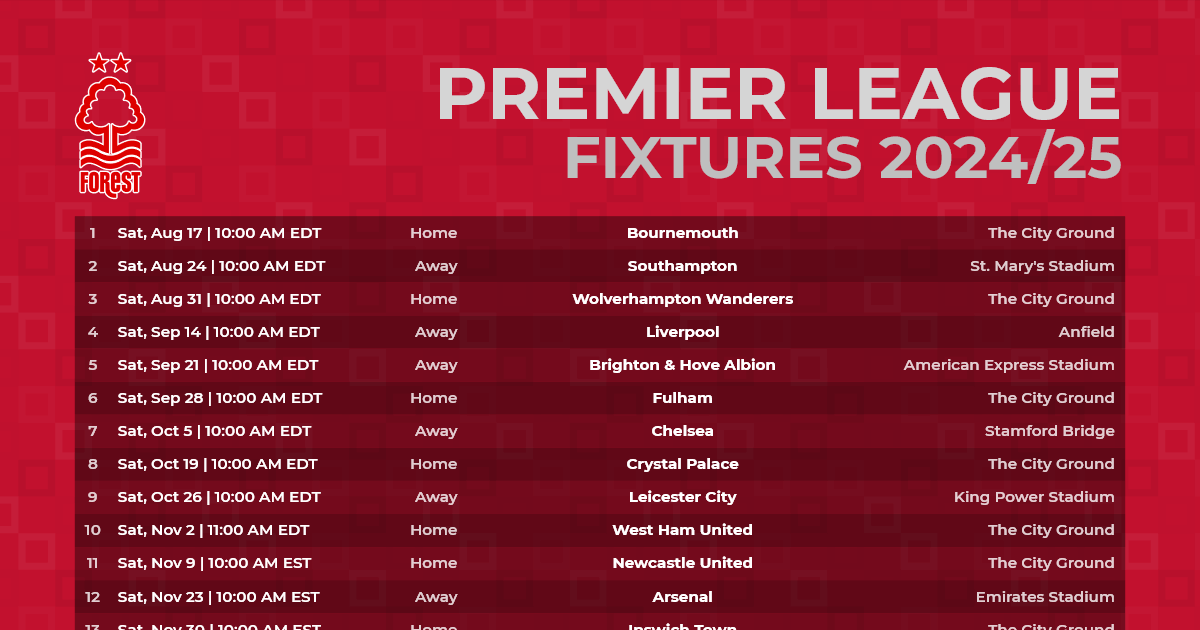 Download Premier League 2024/25 Fixtures for Nottingham Forest | Soccer ...